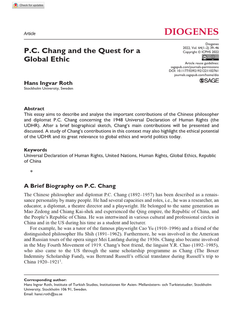 Roth - PC Chang and The Quest For A Global Ethic (2022) | PDF | Human ...