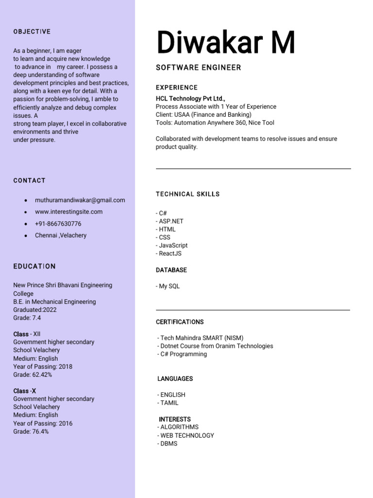 Diwakar, S Resume | PDF