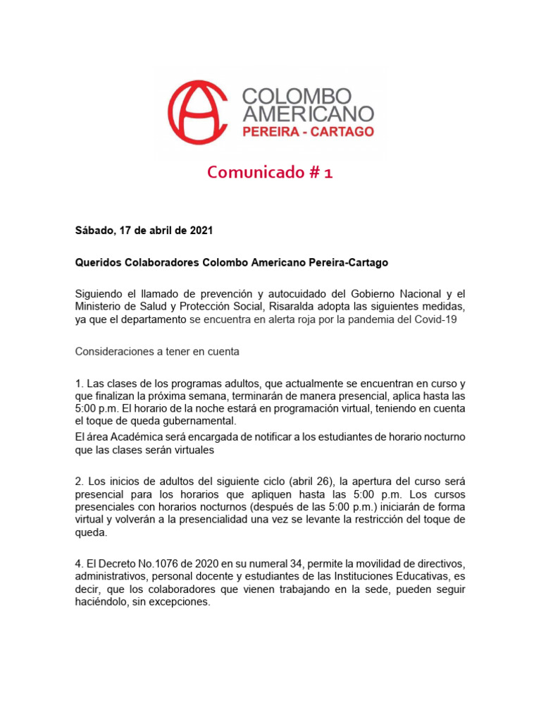 Comunicado No 1 Colaboradores, Restricciones Covid 19. | PDF | Educación de la primera infancia