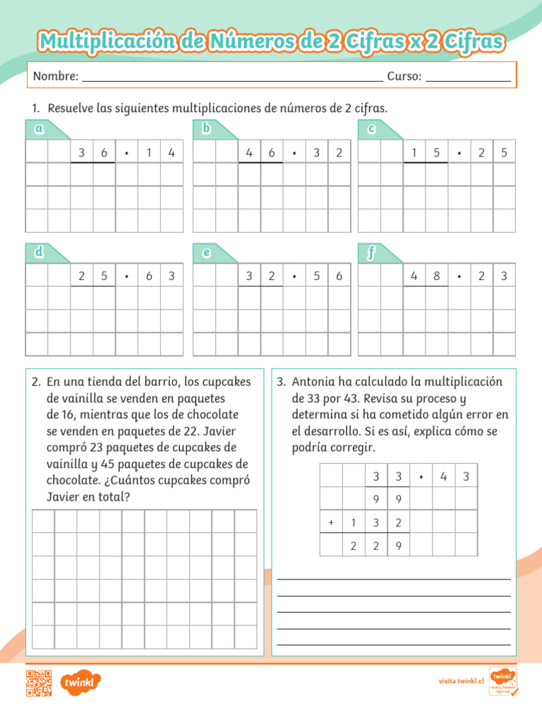 Ejercicios de Multiplicación 2x2 Cifras | PDF | Métodos y materiales de ...