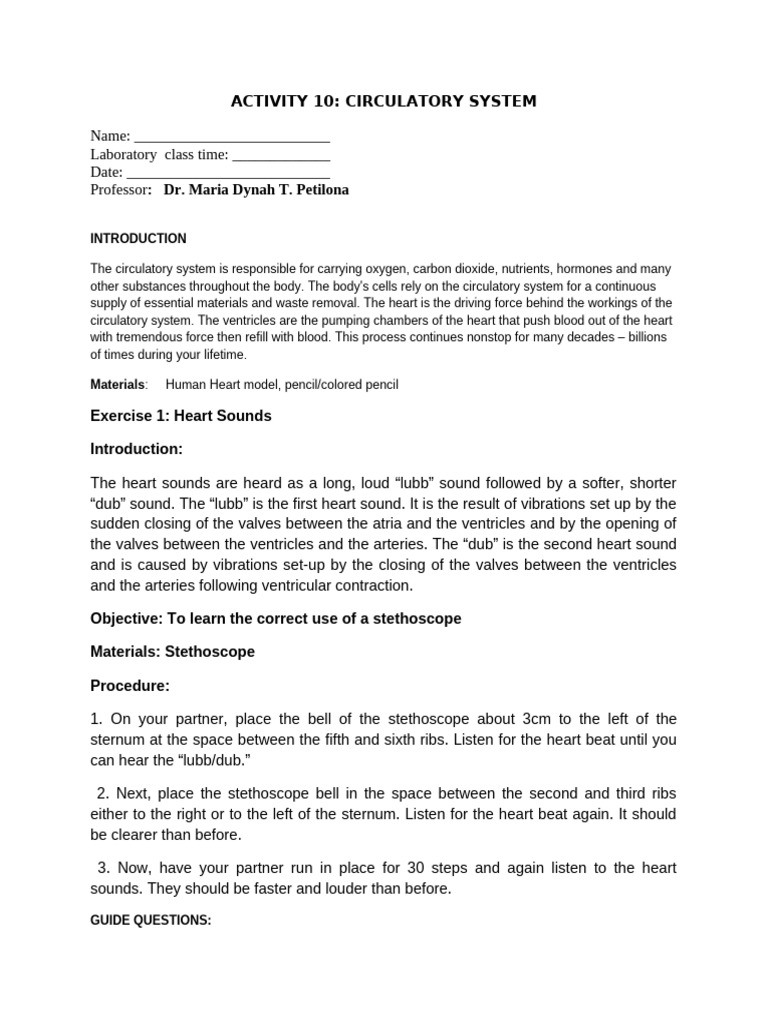 Circulatory System Lab Activities Guide | PDF | Respiratory System | Heart
