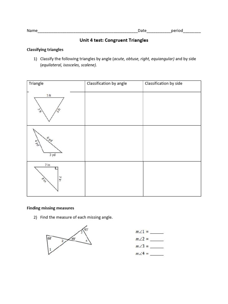 Unit 4 Test: Congruent Triangles: Acute, Obtuse, Right, Equiangular ...