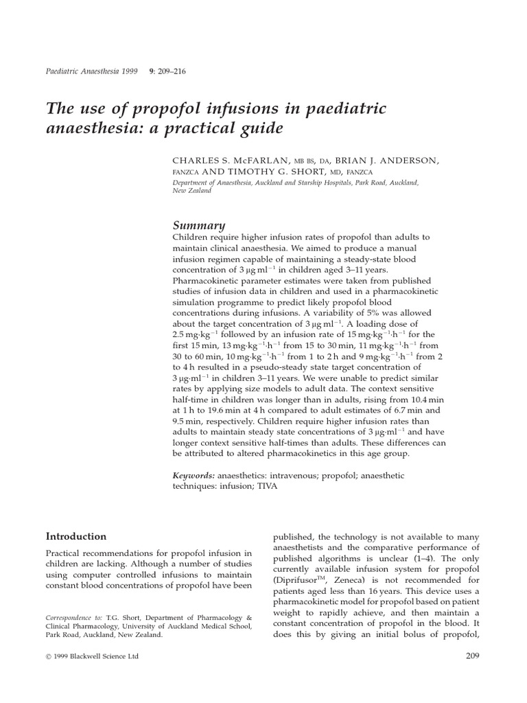 Propofol Infusion Guidelines for Children | PDF | Pharmacokinetics ...