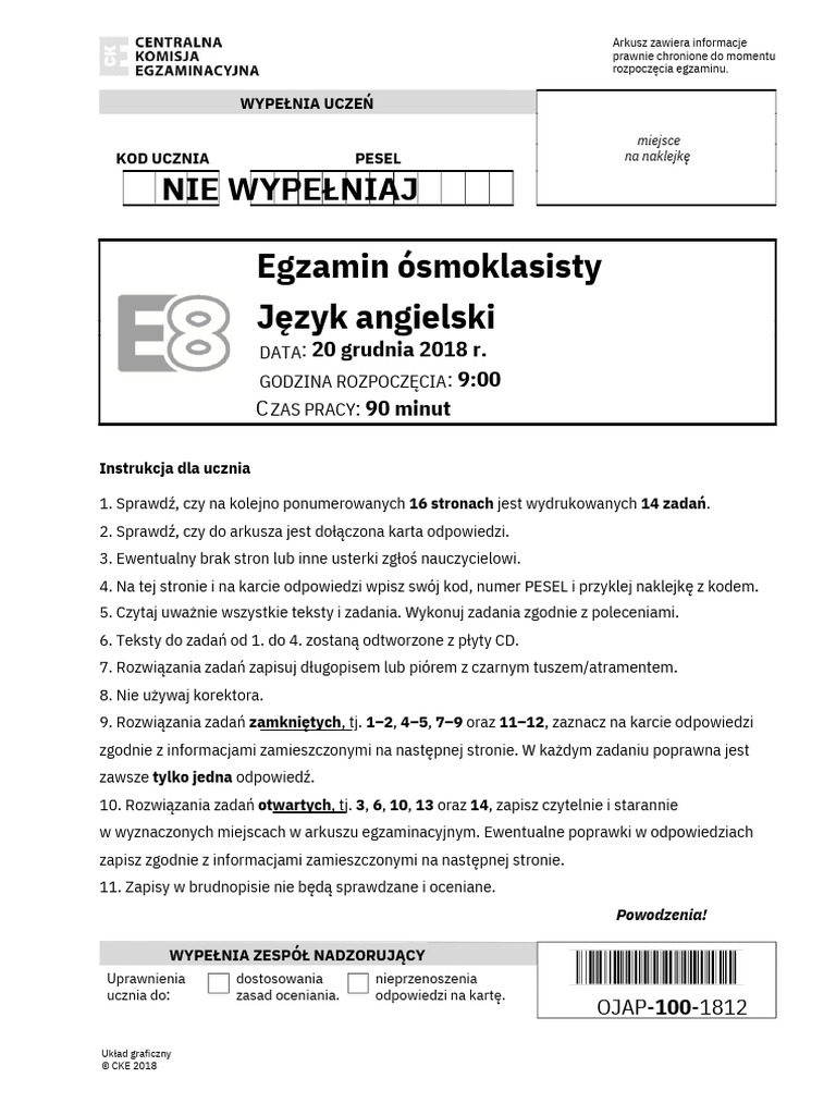 Arkusz Egzaminacyjny Angielski 100 | PDF