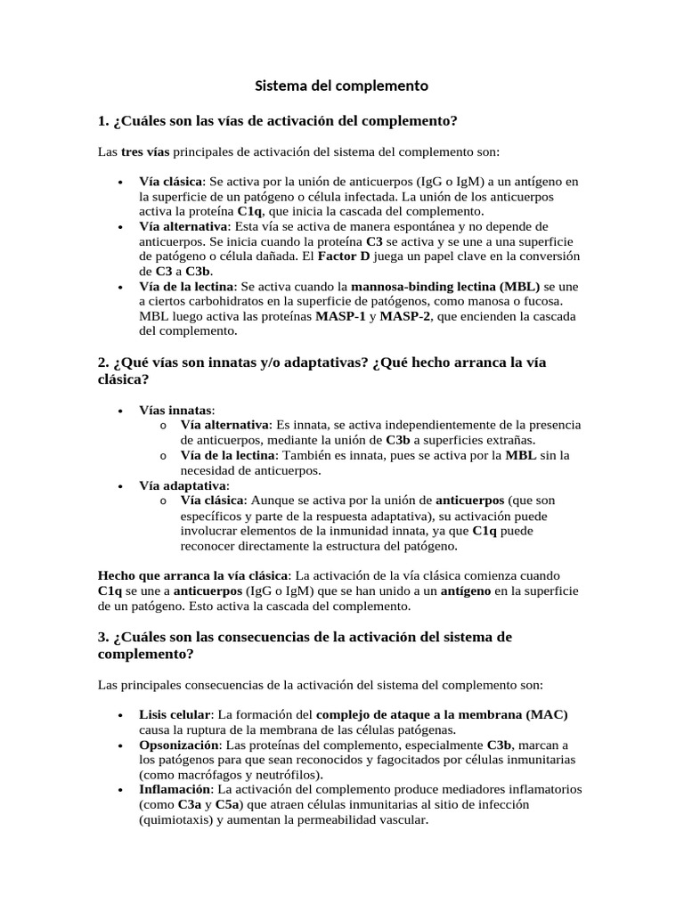 Vías y Funciones del Sistema del Complemento | PDF | Sistema complementario | Sistema inmune