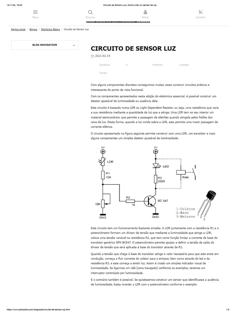 Circuito Simples de Sensor de Luz | PDF | Rede elétrica | Eletrônicos