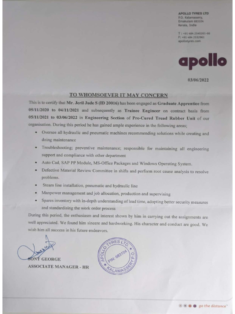 Apollo Tyres Experience Certificate | PDF