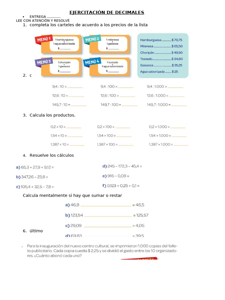 Ejercitación de Decimales | PDF