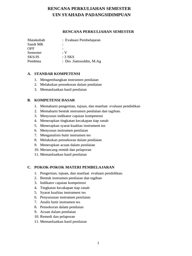 01 RPS Evaluasi Pembelajaran | PDF