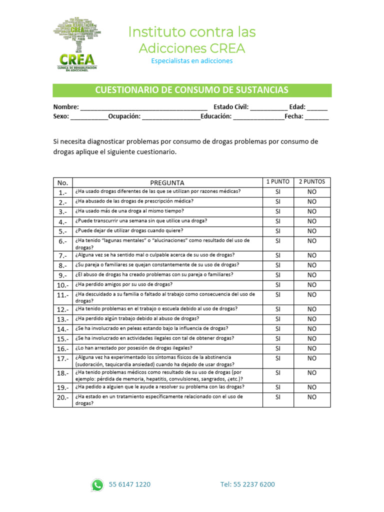 Cuestionario de Consumo de Sustancias | PDF | La dependencia de sustancias | Drogas