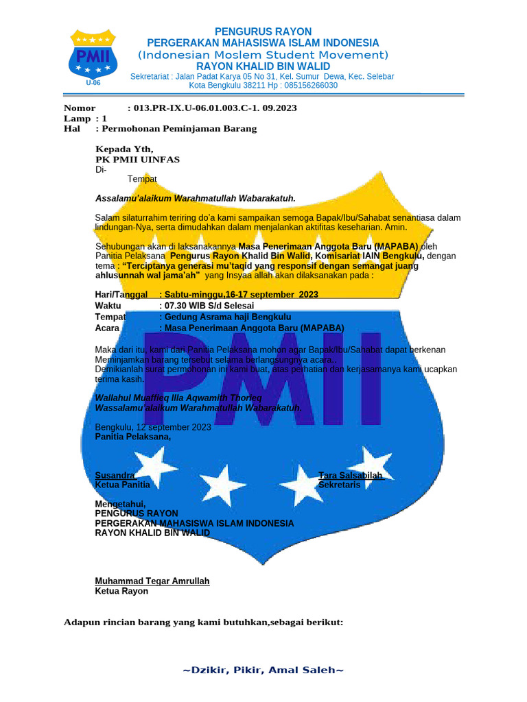 Surat Peminjaman BARANG PK Pmii 1 | PDF | Karier & Perkembangan ...