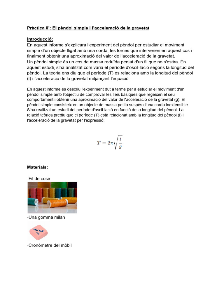 Pràctica 0' - El Pèndol Simple I L'acceleració de La Gravetat Bru Pérez ...