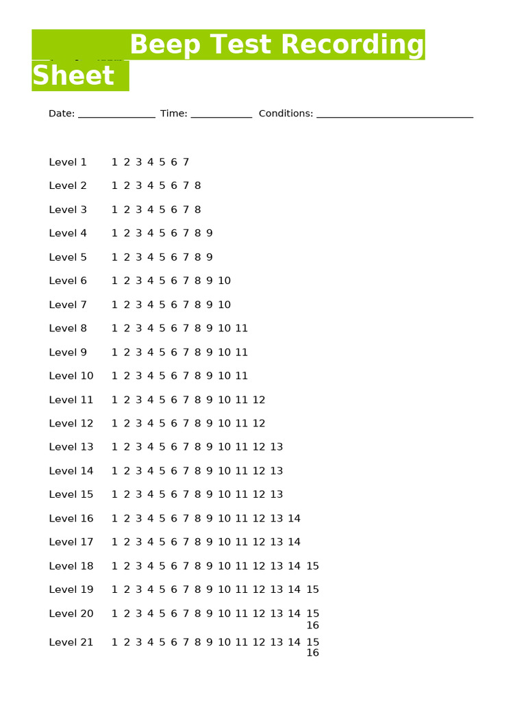 Beep Test Recording Sheet | PDF