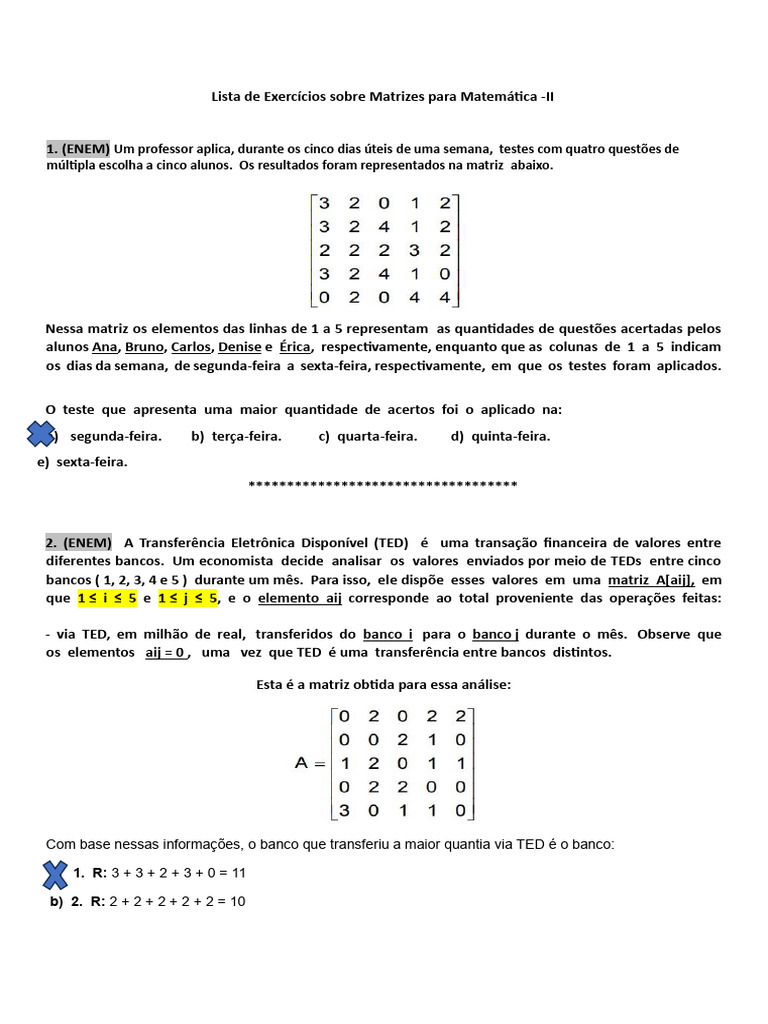 Lista de Exercícios Sobre Matrizes-Mat - II - 31.10.2024 | PDF | Ciências e Matemática
