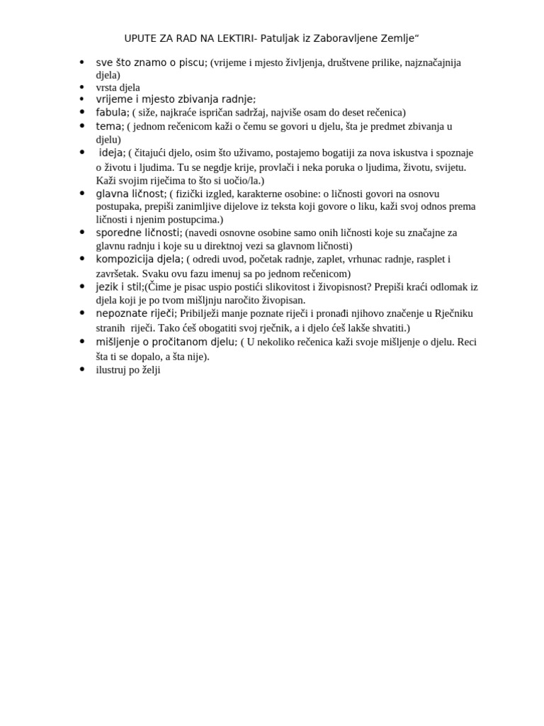 Upute Za Rad Na Lektiri | PDF