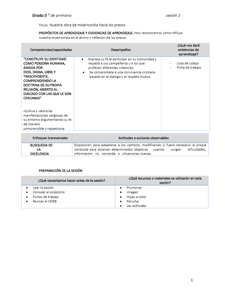 SESION - RELIGION Presos | PDF | Aprendizaje | Oración SESION - RELIGION Presos | PDF | Aprendizaje | Oración