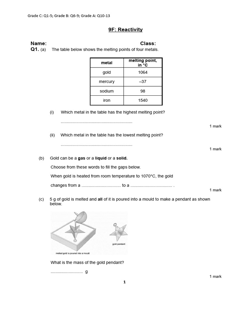 Reactivity Questions + Mark Scheme | PDF | Oxide | Magnesium