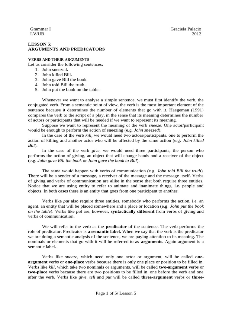 Verbs and Argument Structures | PDF | Adjective | Noun