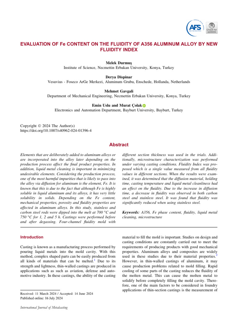 Evaluation of Fe Content On The Fluidity of A356 Aluminum Alloy by New ...