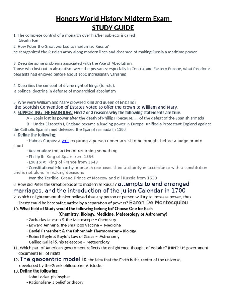 Honors World History Midterm Guide | PDF | Absolute Monarchy