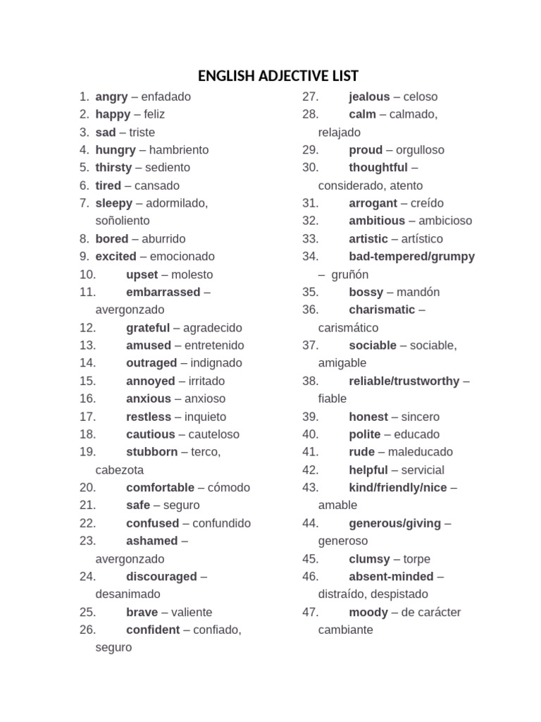 English Adjective List | PDF