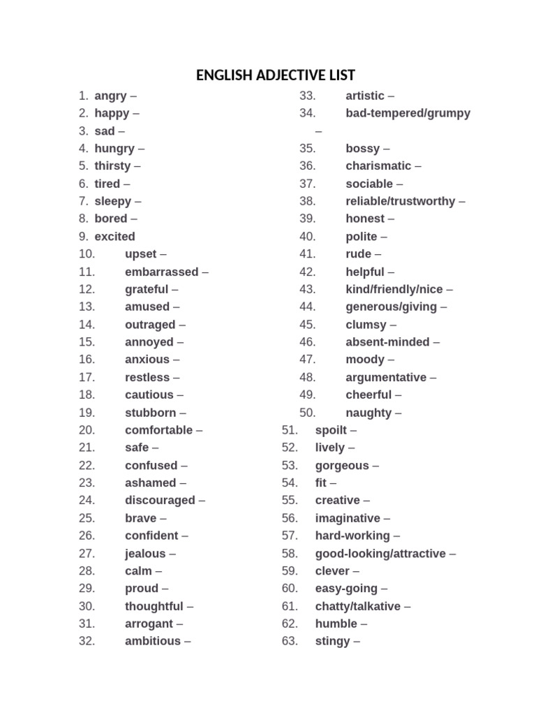 ENGLISH ADJECTIVE LIST (FOR SS) | PDF