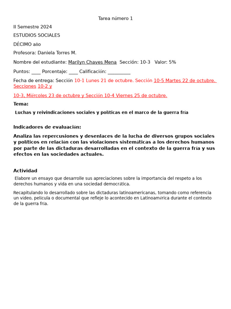 TAREA 1 EST. SOC. DÉCIMO II Sem. 2024 | PDF | Derechos humanos | Democracia