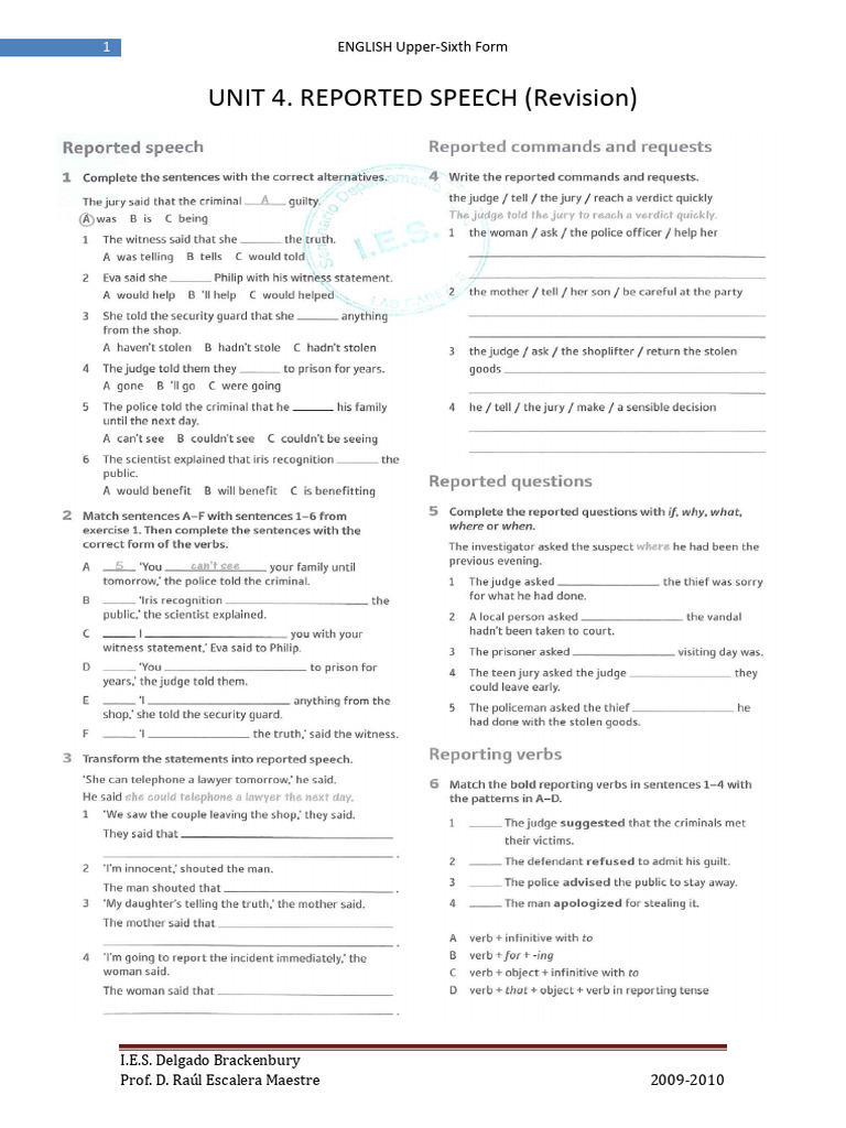 REPORTED SPEECH (Revision) | PDF | Language Arts & Discipline
