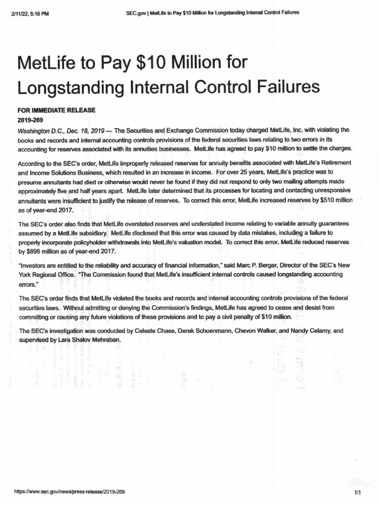 SEC Lawsuit Against Metlife | PDF