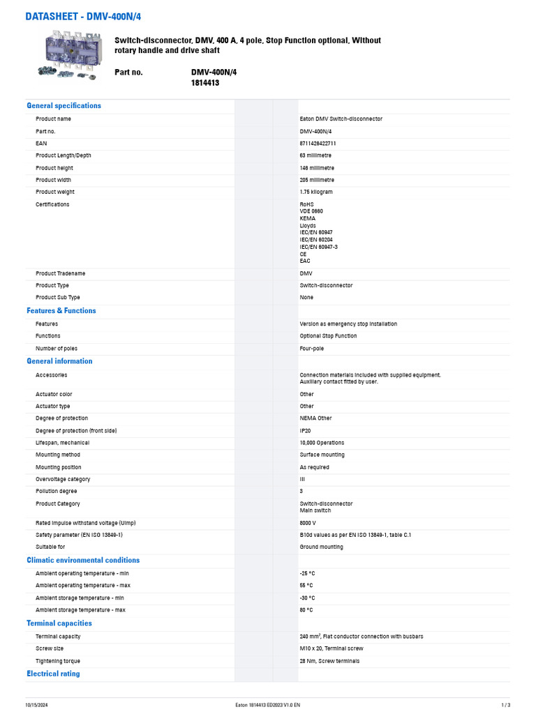 Eaton 1814413 DMV 400N 4 en - GB | PDF | Switch | Insulator (Electricity)