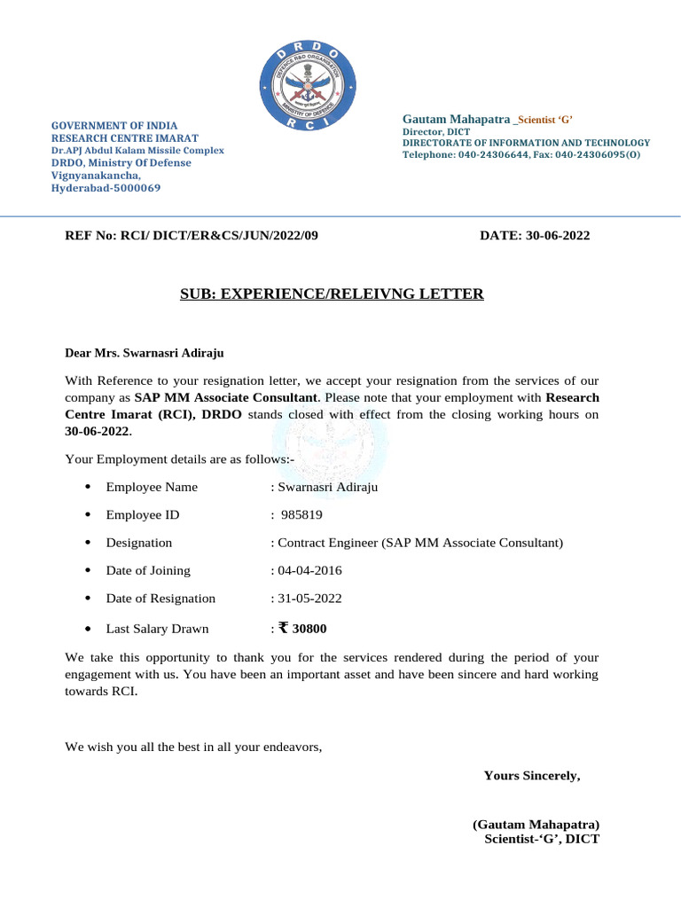 DRDO Resignation and Experience Letter | PDF