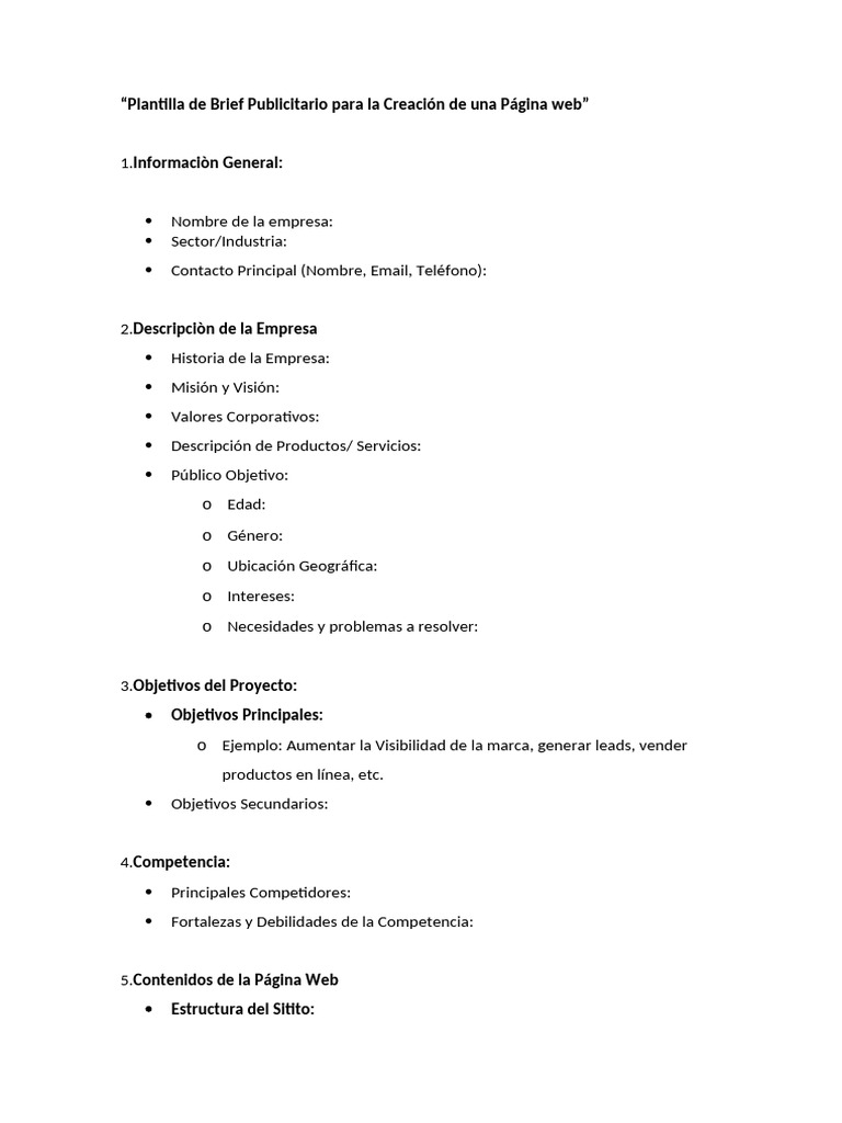 Plantilla de Brief Publicitario para La Creación de Una Página Web ...