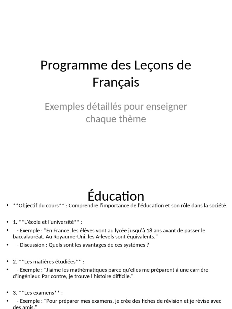 Programme Lecons Francais Details | PDF