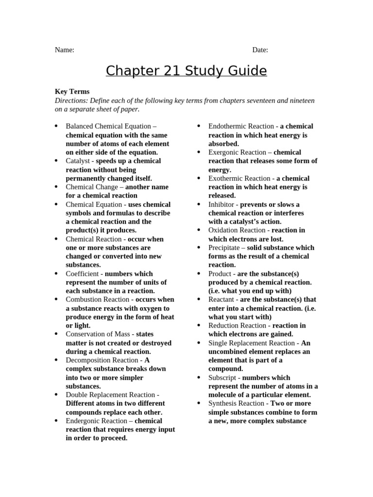 Chapter 21 Study Guide - Answers | PDF | Chemical Reactions | Chemical Substances