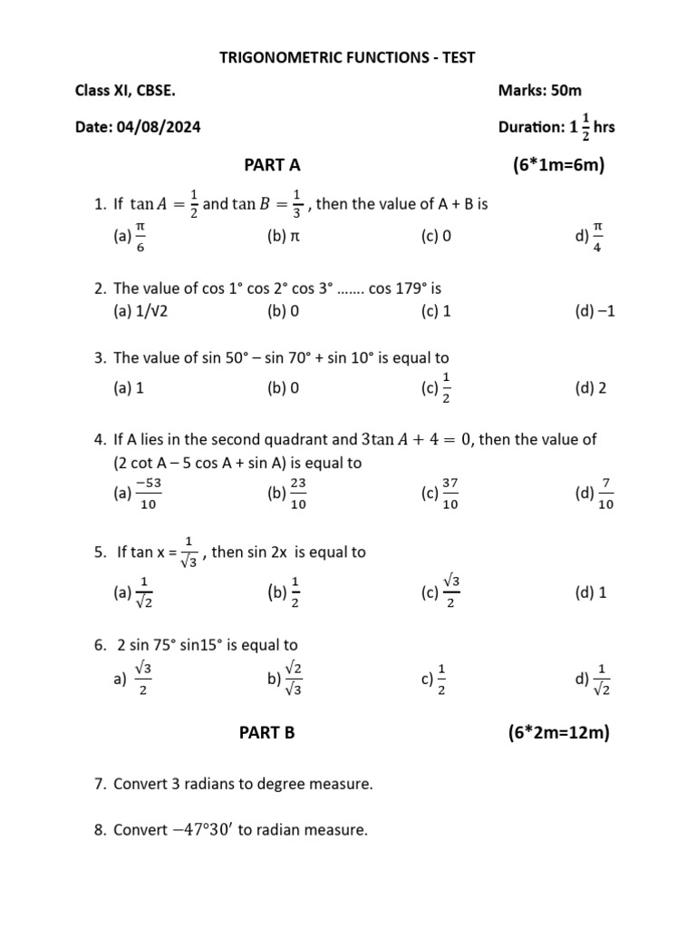 Trigonometric Functions Test for Class XI | PDF | Geometry | Geometric ...