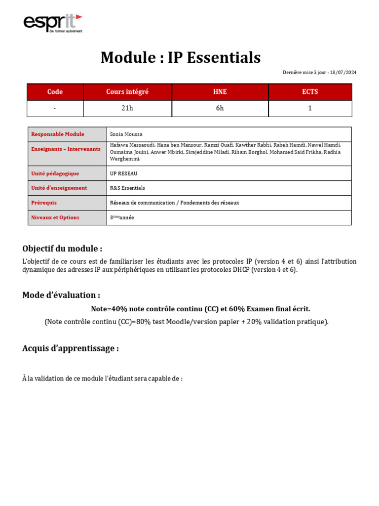 Fiche Module IP Essentials 24 25 | PDF | I Pv6 | Adresse IP