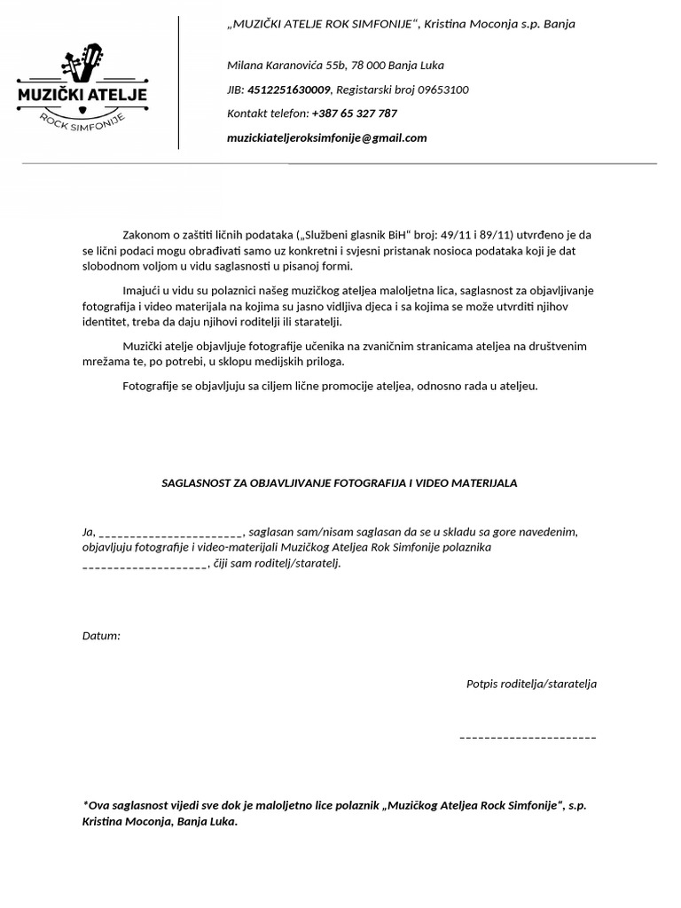 Saglasnost Za Fotografisanje | PDF