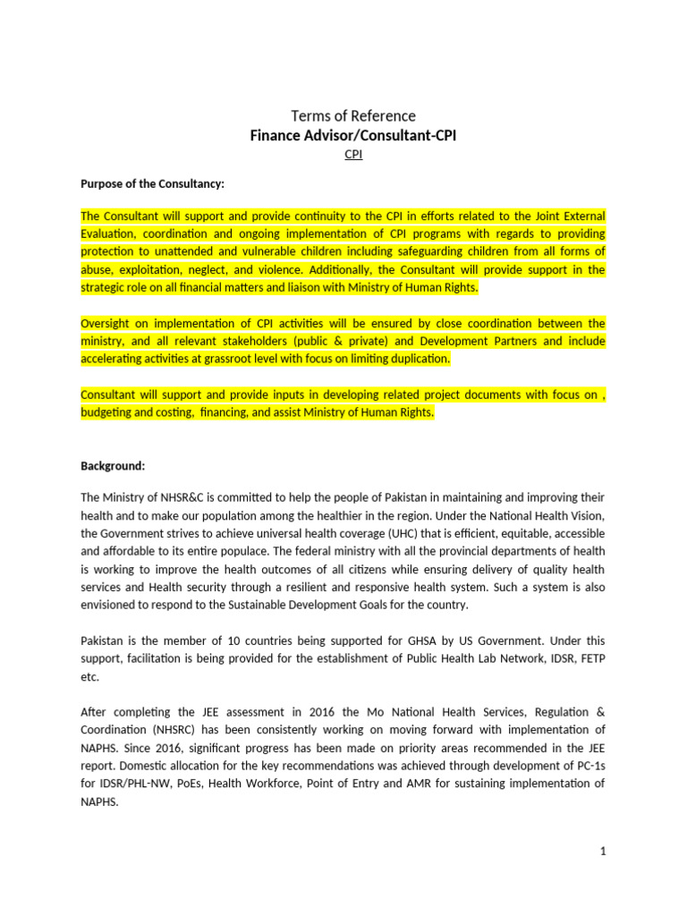 TOR Finance Advisor, Consultant - CPI | PDF | Non Governmental ...