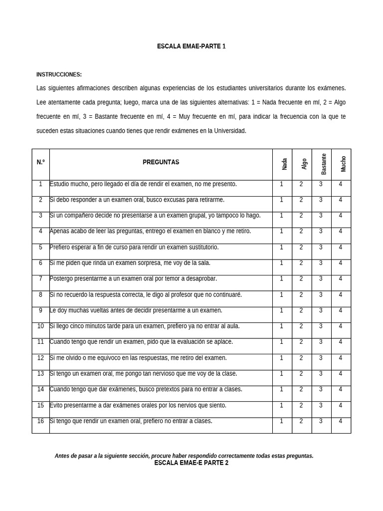ESCALA DE ANSIEDAD ANTE LOS EXÁMENES EMAE-E 48 Ítems | PDF