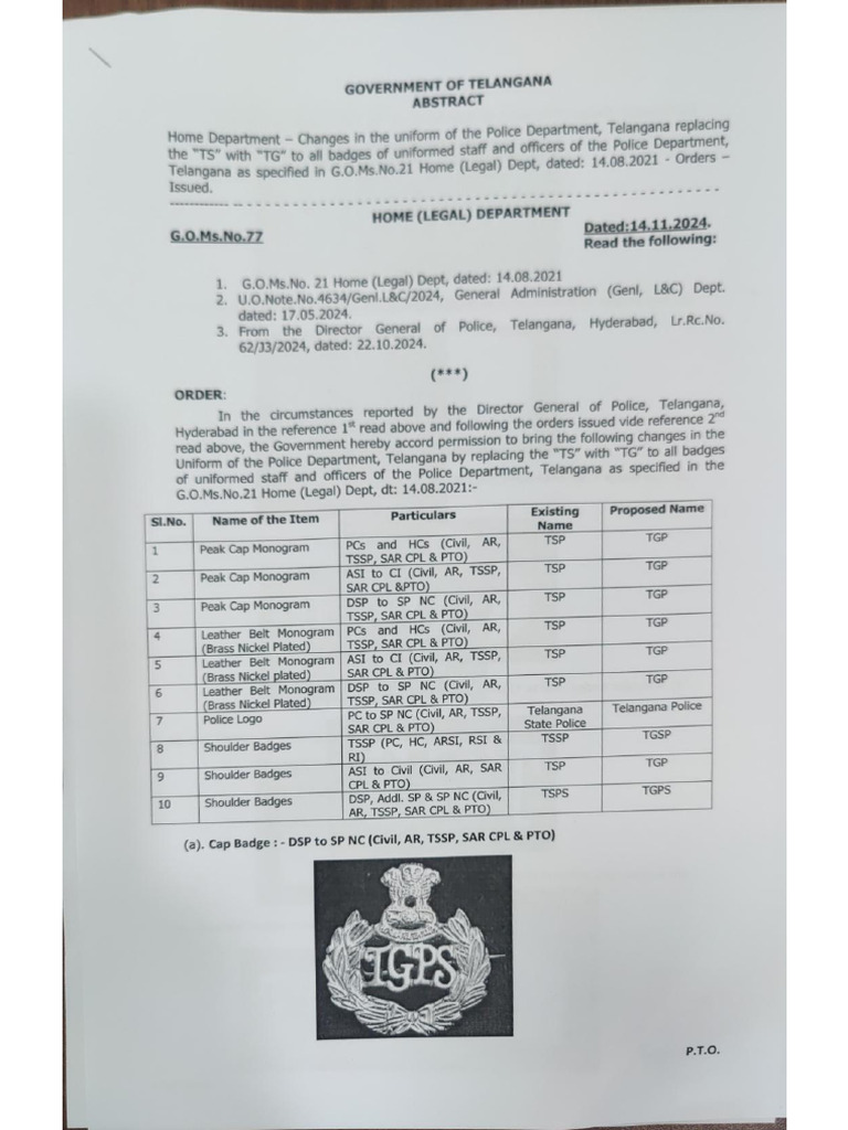 Change in Uniform Badges From TS. To TG | PDF
