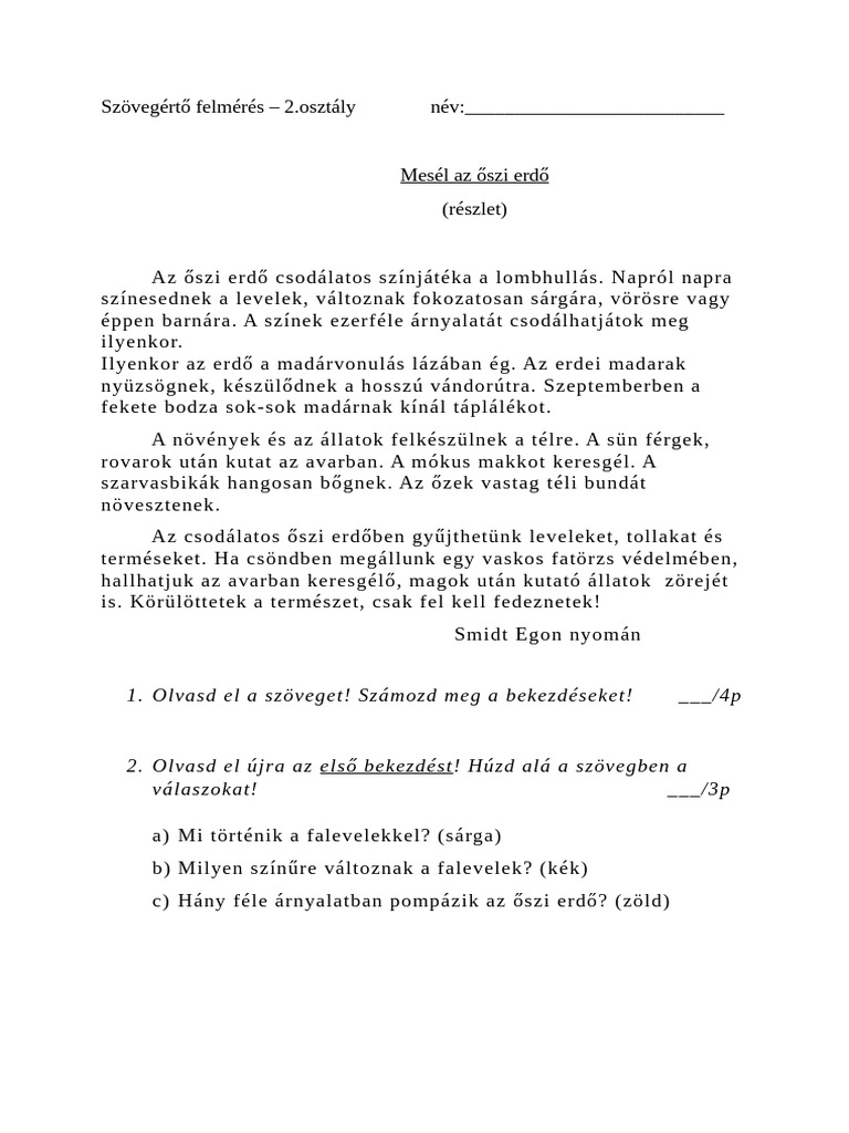 Szövegértő Felmérés Mesél Az Őszi Erdő | PDF