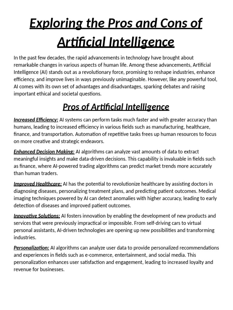 Exploring The Pros and Cons of Artificial Intelligence | PDF ...