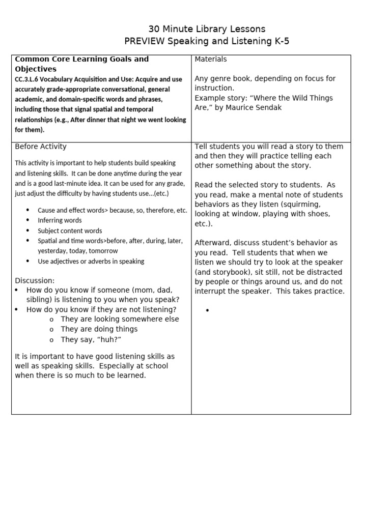 30 Minute Library Lessons PREVIEW Speaking and Listening K-5 | PDF ...