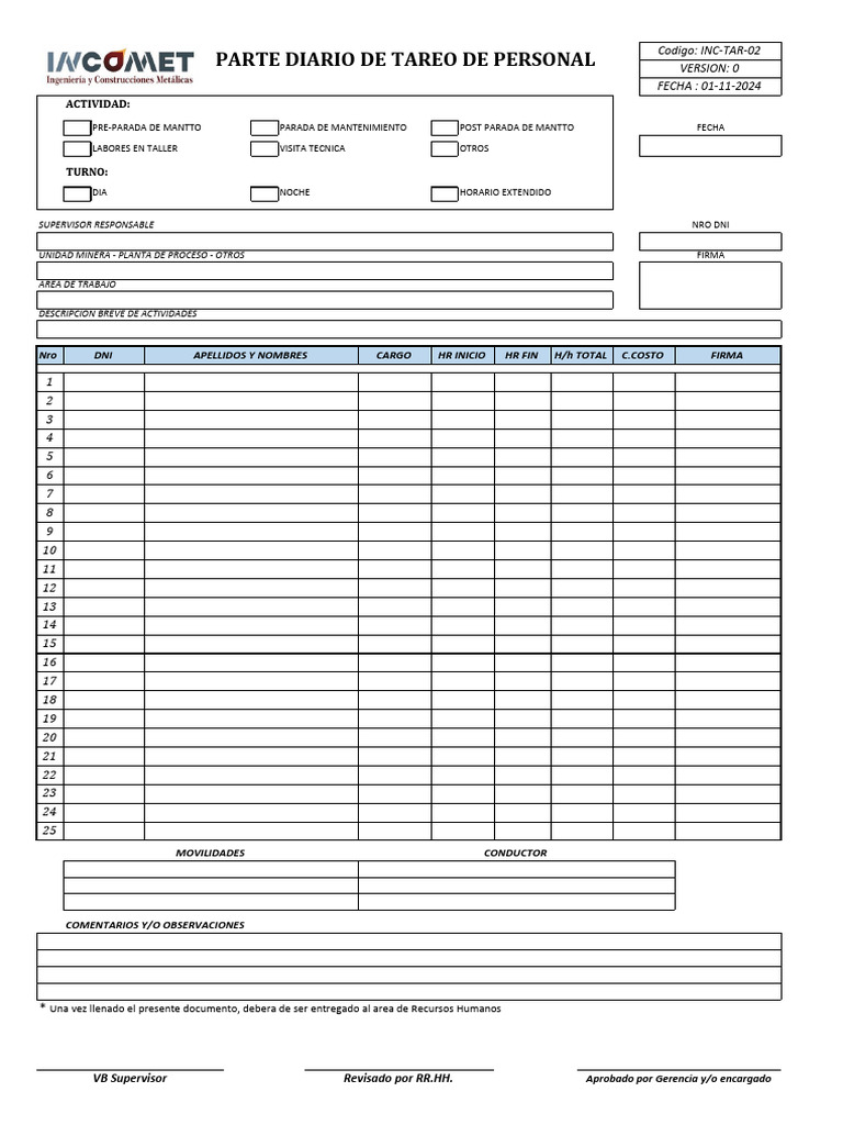 Registro de Tareo Diario | PDF
