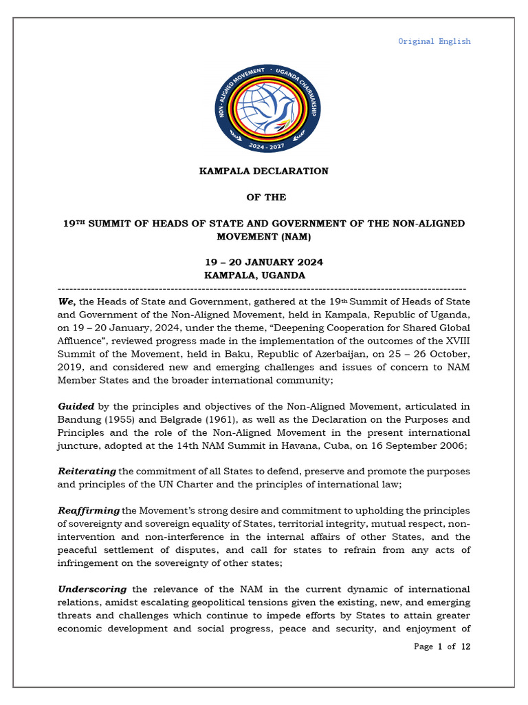 NAM-Summit-19-Kampala-Uganda-19-20Jan 2024-Declaration | PDF | Palestinian Territories | Israeli ...