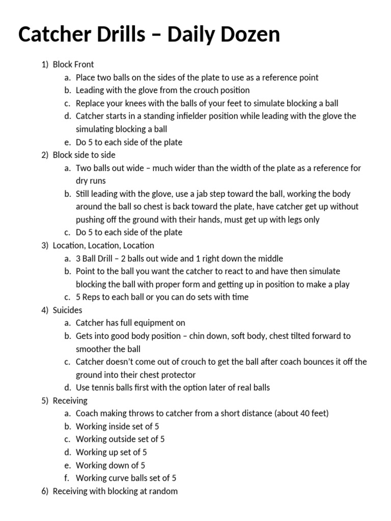 Essential Catcher Drills Guide | PDF | Sports | Team Sports
