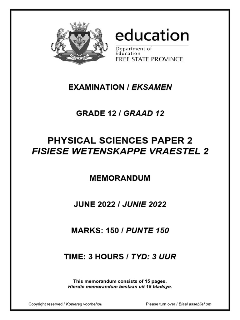 2022 FS PhySci GR 12 Jun Exam P2 Memo | PDF | Intermolecular Force | Applied And ...