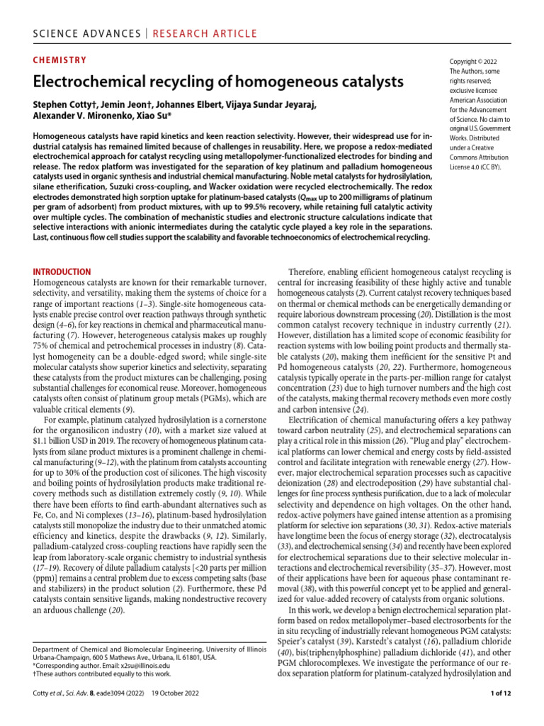 Electrochemical Recycling of Homogeneous Catalysts | PDF | Catalysis ...