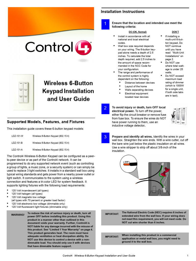 Control4 Wireless 6-Button Keypad Guide | PDF | Electrical Wiring ...