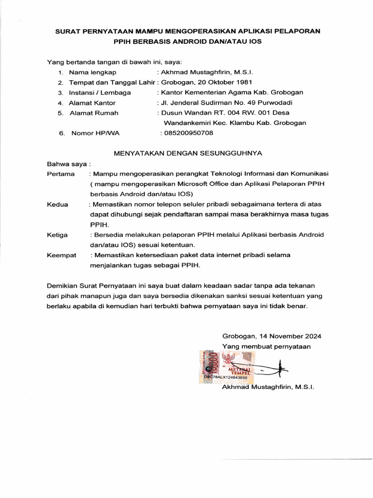 Surat Pernyataan Mengoperasikan Aplikasi Pelaporan PPIH | PDF